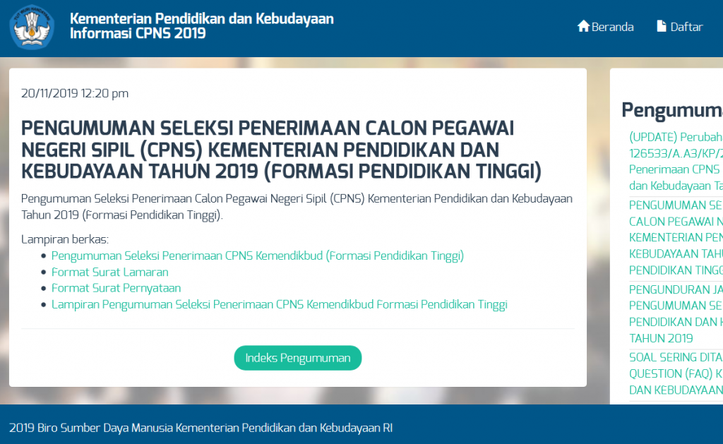 Pengumuman Seleksi Penerimaan Calon Pegawai Negeri Sipil (CPNS) Kementerian Pendidikan dan ...